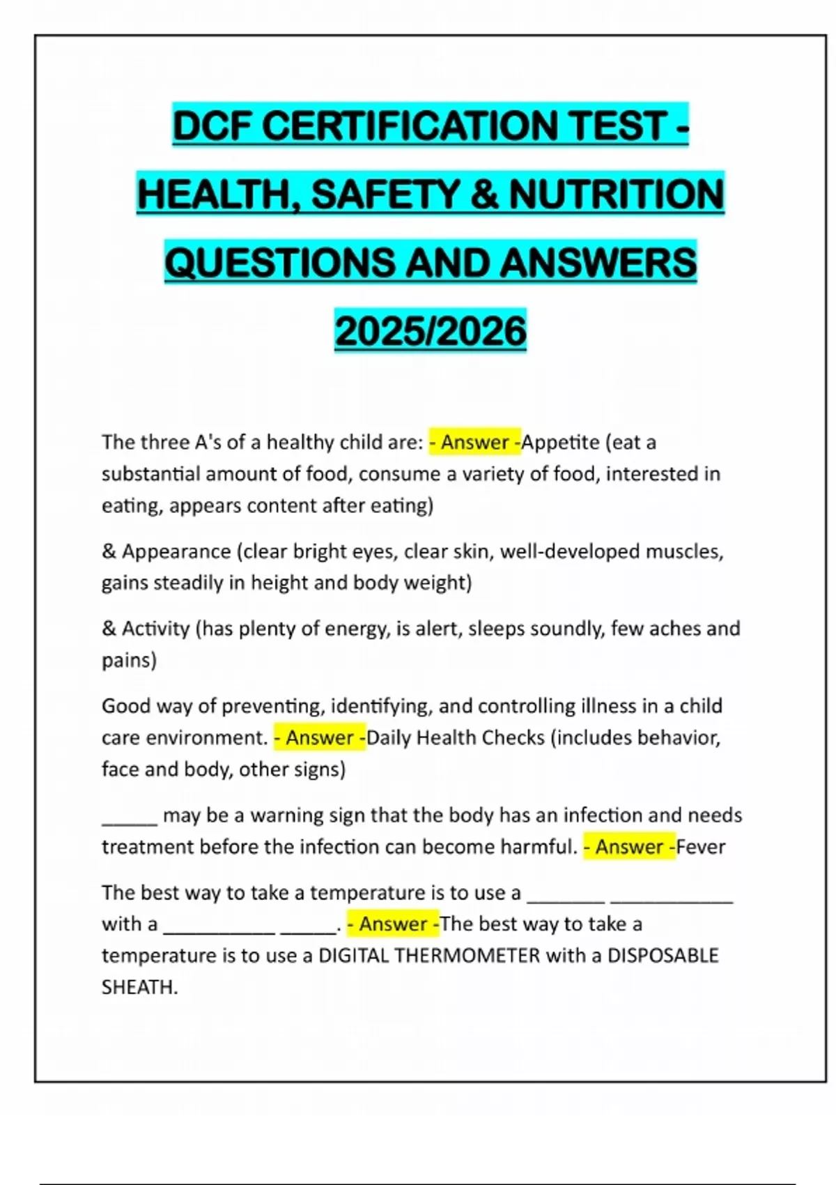 DCF CERTIFICATION TEST - HEALTH, SAFETY & NUTRITION QUESTIONS AND ...