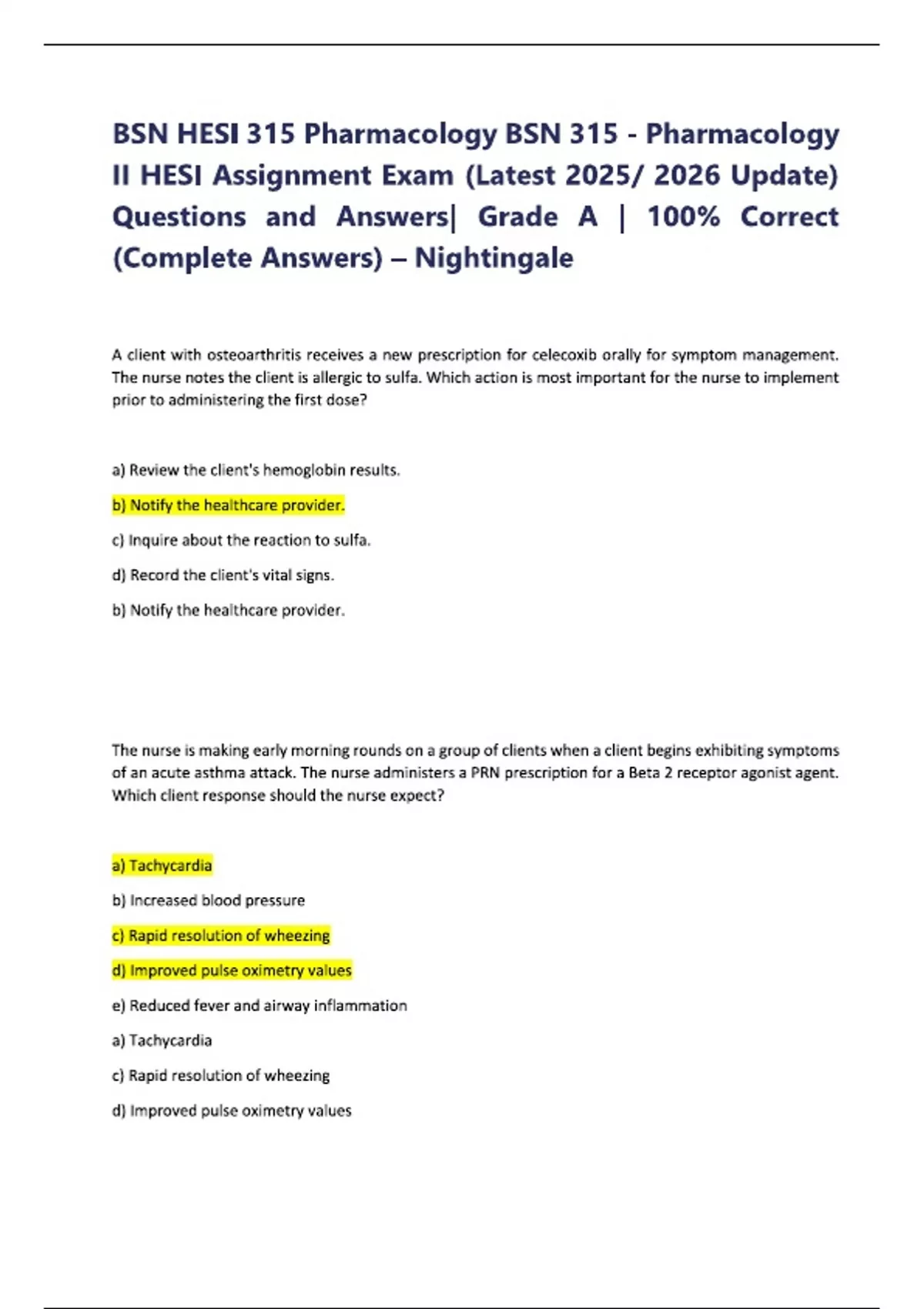 BSN HESI 315 Pharmacology BSN 315 - Pharmacology II HESI Assignment ...
