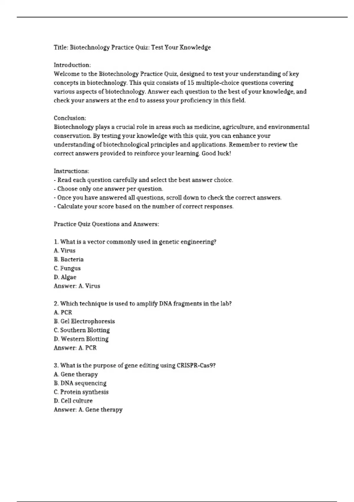 Biotechnology Practice Quiz with correct answers - BIO - Stuvia US