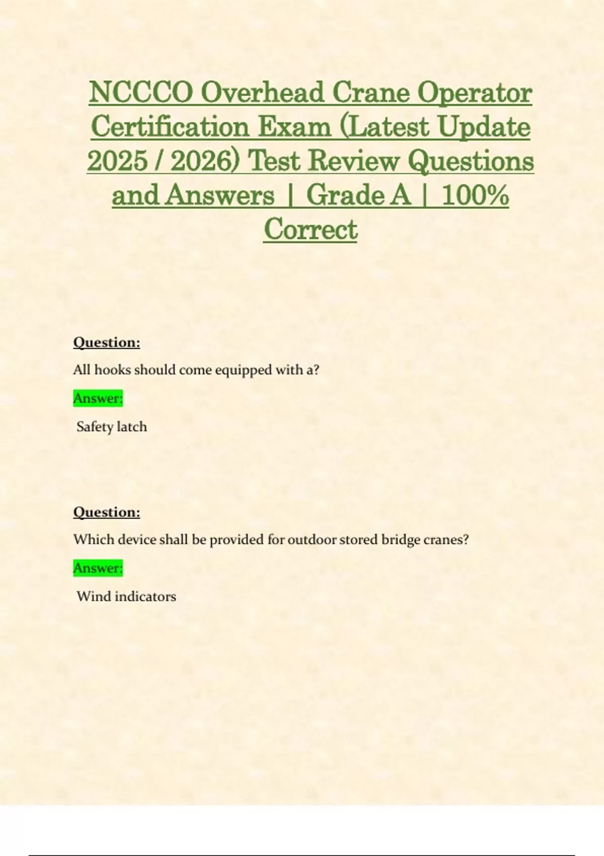 NCCCO Overhead Crane Operator Certification Exam (Latest Update 2025 / ...
