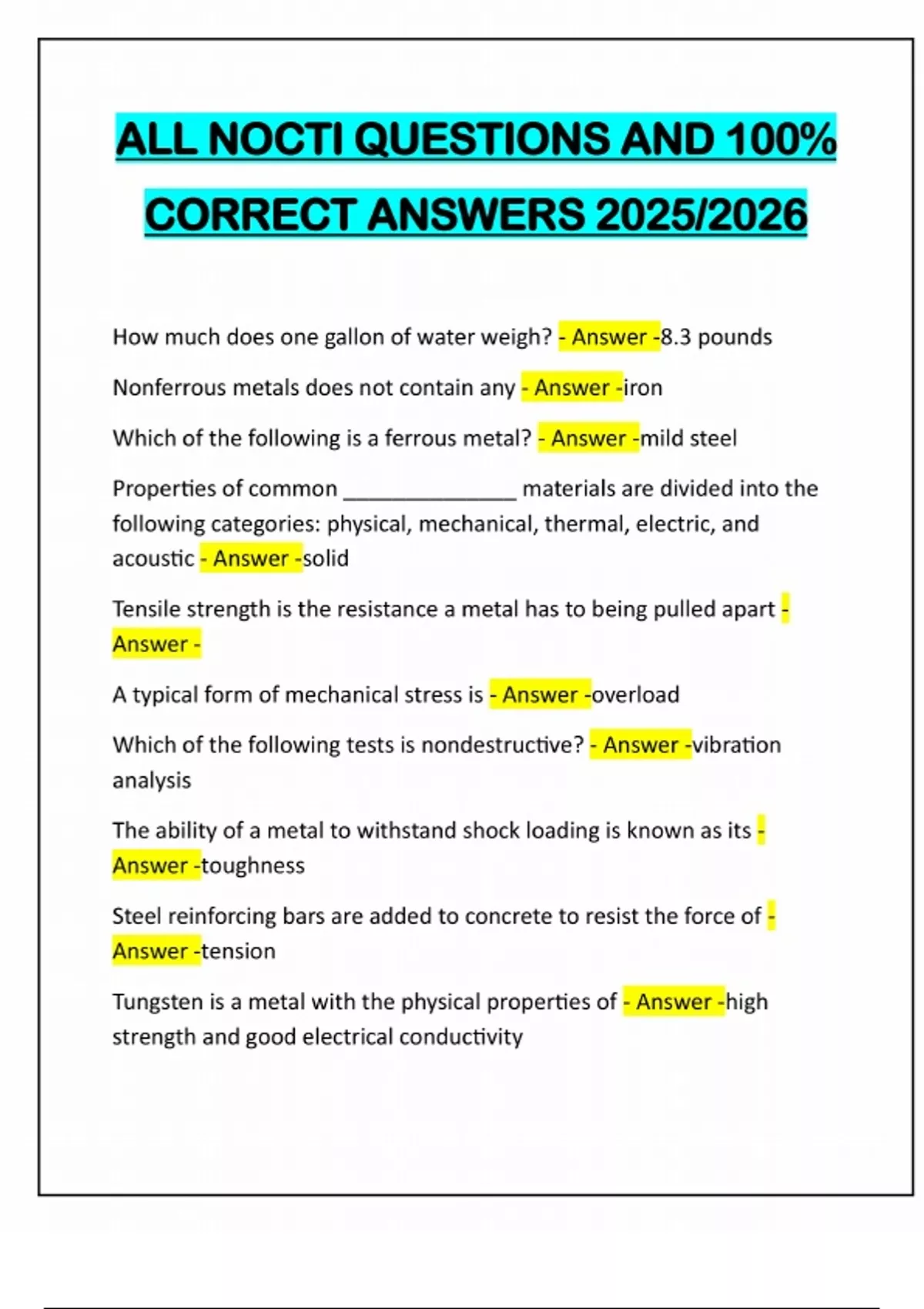 ALL NOCTI QUESTIONS AND 100% CORRECT ANSWERS 2025/2026 - NOCTI - Stuvia US