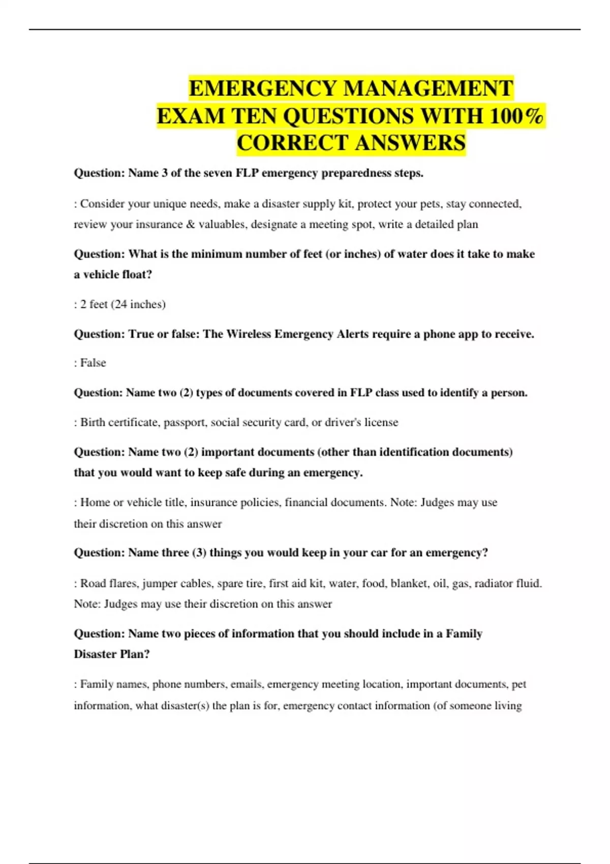 EMERGENCY MANAGEMENT EXAM TEN QUESTIONS WITH 100% CORRECT ANSWERS ...