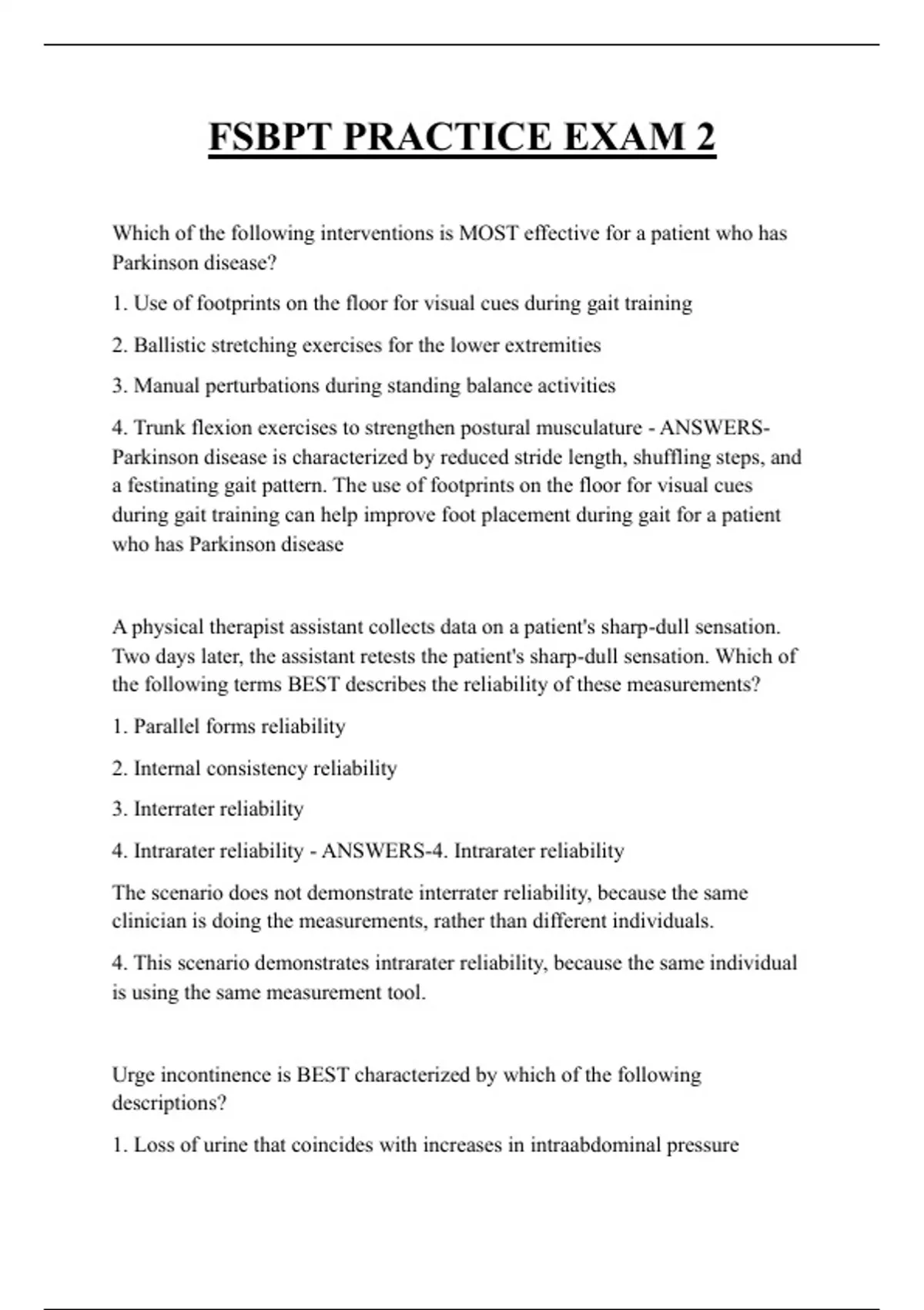 FSBPT PRACTICE EXAM 2 QUESTIONS AND ANSWERS 2025 - FSBPT - Stuvia US