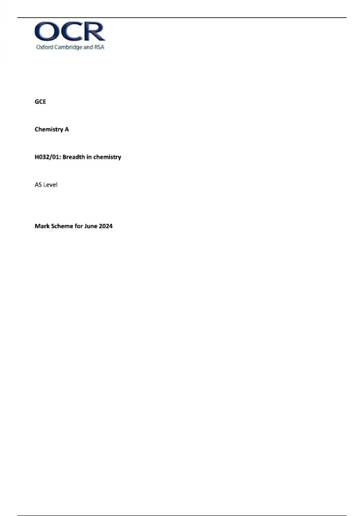 A-LEVEL JUNE 2024 OCR CHEMISTRY A PAPER 1 MARK SCHEME questions and answers. - A-LEVEL - Stuvia US