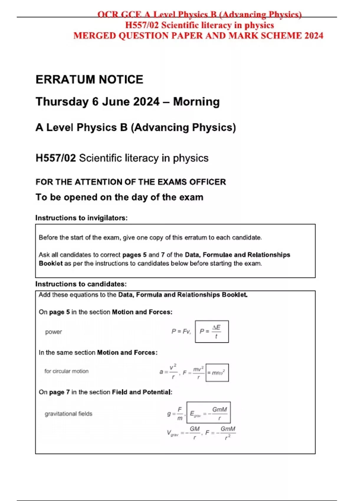 A Level JUNE 2024 OCR Physics B PAPER 2 AND MARK SCHEME QUESTIONS AND ANSWERS - A-LEVEL - Stuvia US