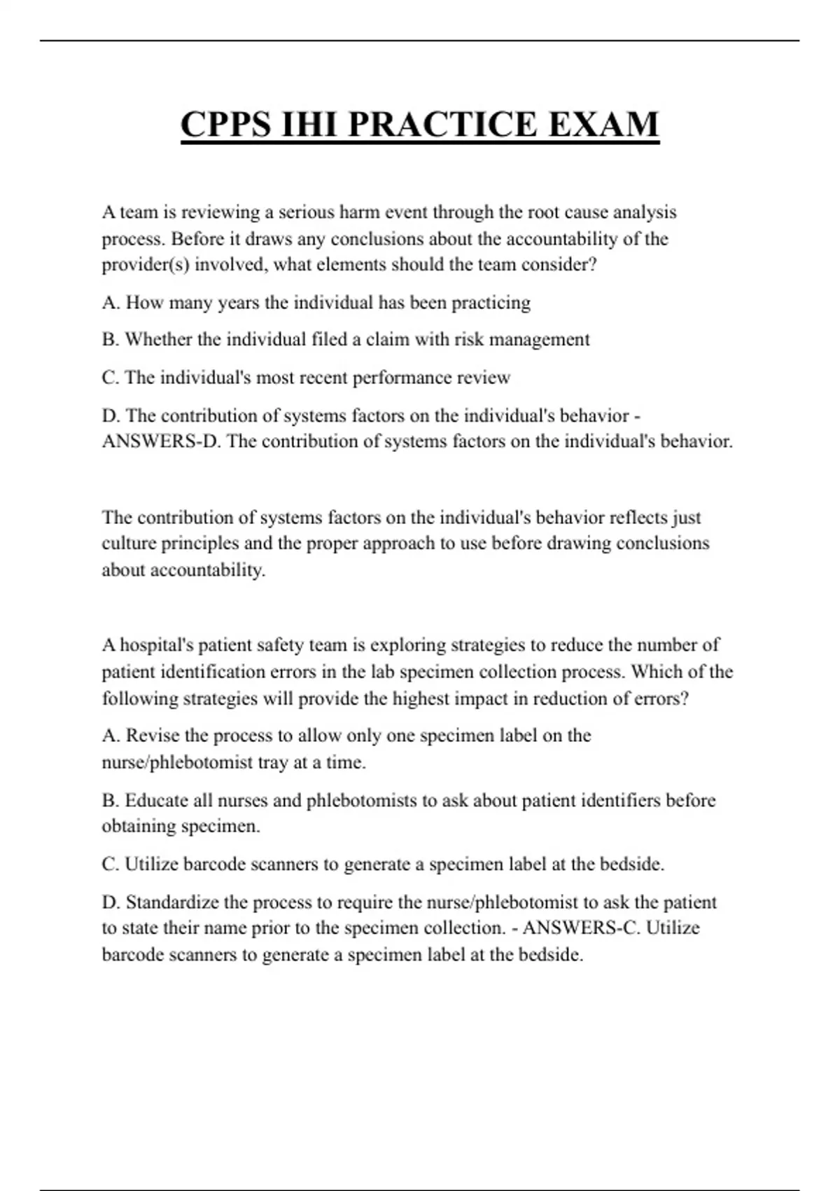 CPPS IHI PRACTICE EXAM QUESTIONS AND ANSWERS 2025 - CPPS IHI - Stuvia US