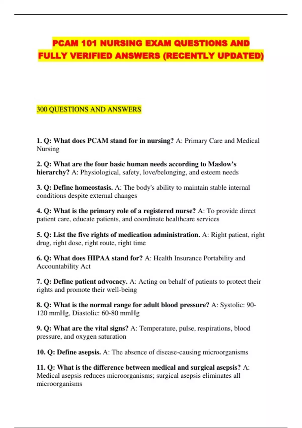 PCAM 101 NURSING EXAM QUESTIONS AND FULLY VERIFIED ANSWERS (RECENTLY ...