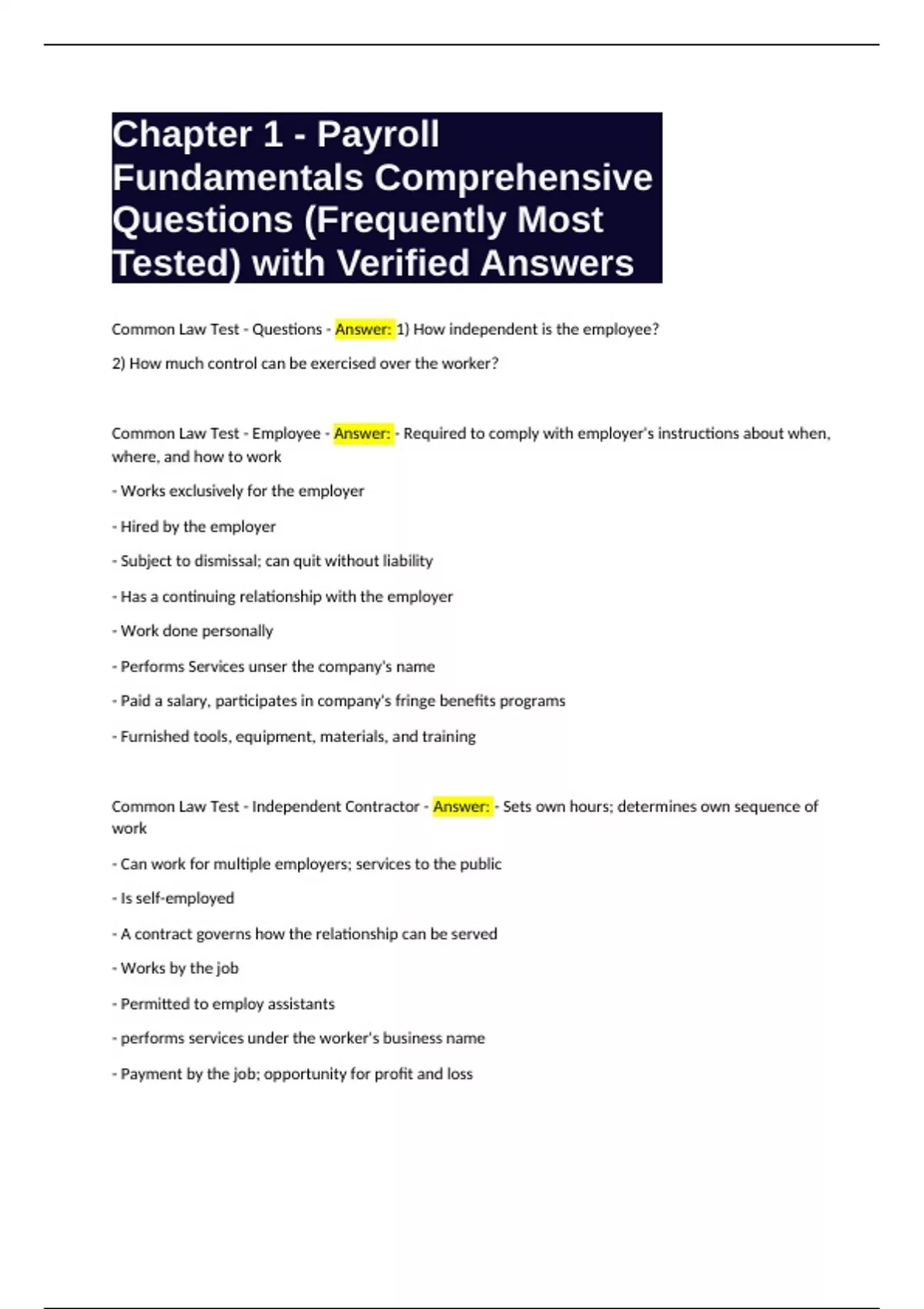 Chapter 1 - Payroll Fundamentals Comprehensive Questions (Frequently ...