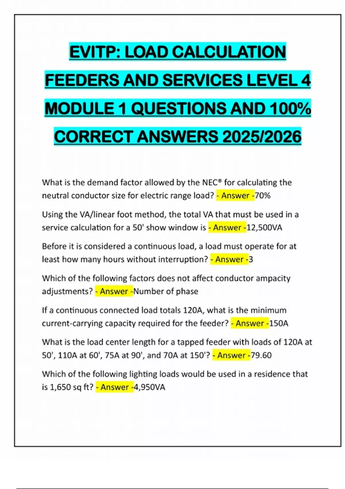 EVITP: LOAD CALCULATION FEEDERS AND SERVICES LEVEL 4 MODULE 1 QUESTIONS ...