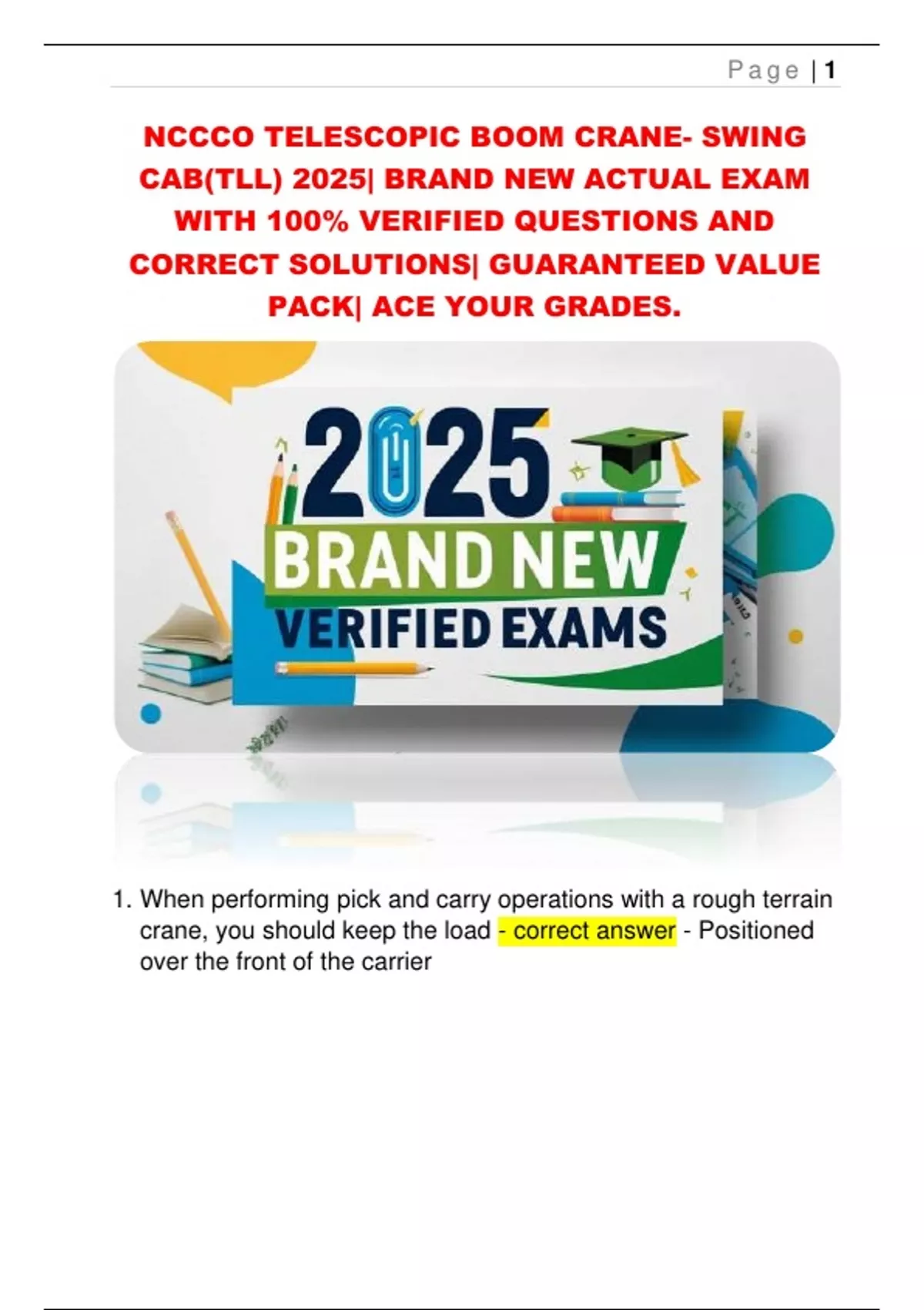 NCCCO TELESCOPIC BOOM CRANE- SWING CAB(TLL) 2025| BRAND NEW ACTUAL EXAM WITH 100% VERIFIED ...