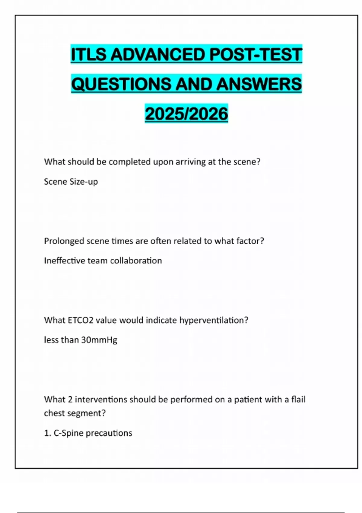 ITLS ADVANCED POST-TEST QUESTIONS AND ANSWERS 2025/2026 - ITLS - Stuvia US