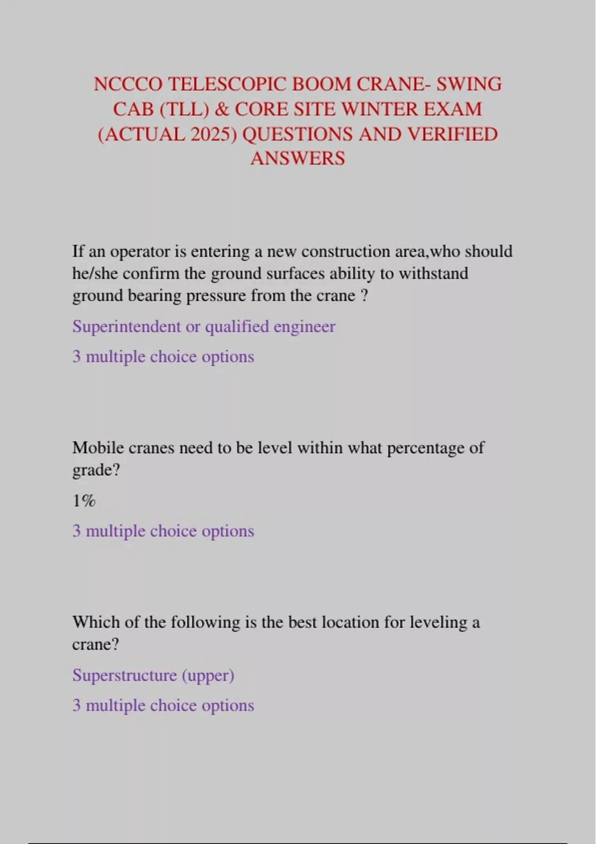 NCCCO TELESCOPIC BOOM CRANE- SWING CAB (TLL) & CORE SITE WINTER EXAM (ACTUAL 2025) QUESTIONS AND ...