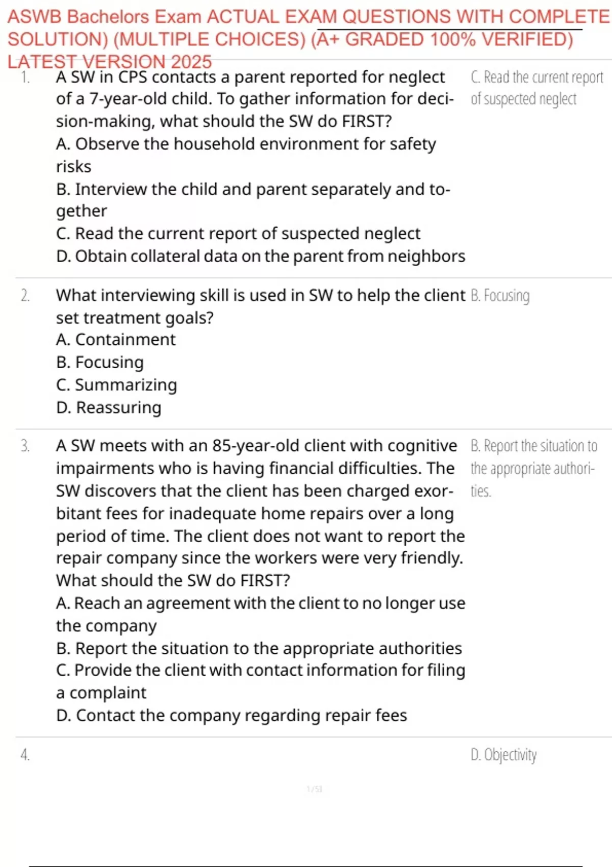 ASWB Bachelors Exam ACTUAL EXAM QUESTIONS WITH COMPLETE SOLUTION ...