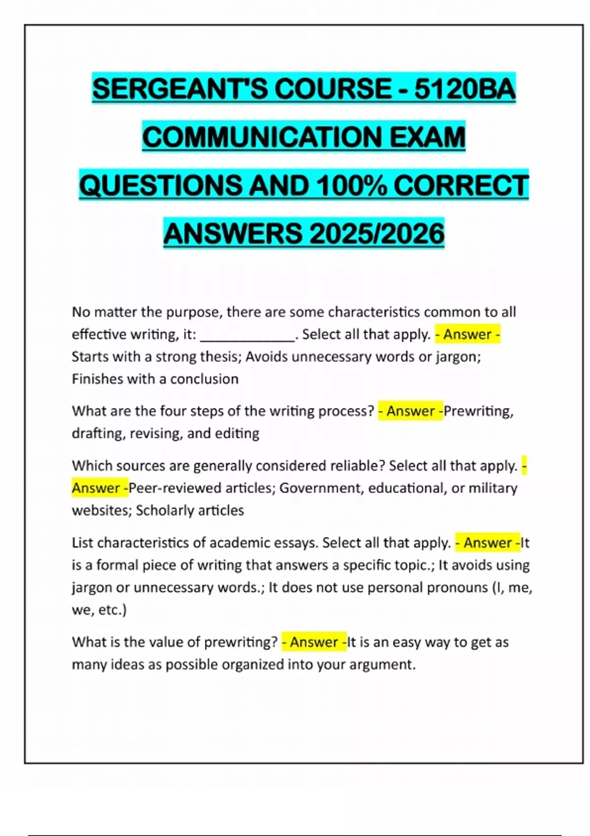PACKAGE DEAL FOR SERGEANTS-SGTS EXAMS QUESTIONS AND 100% CORRECT ...