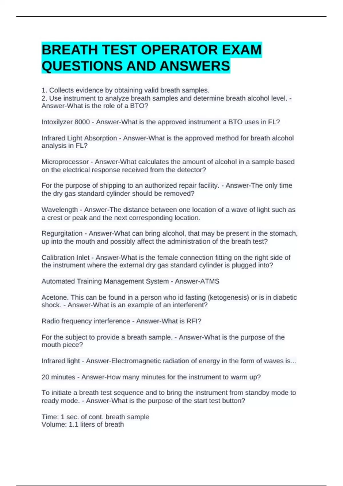 BREATH TEST OPERATOR EXAM QUESTIONS AND ANSWERS - BREATH OPERATOR ...