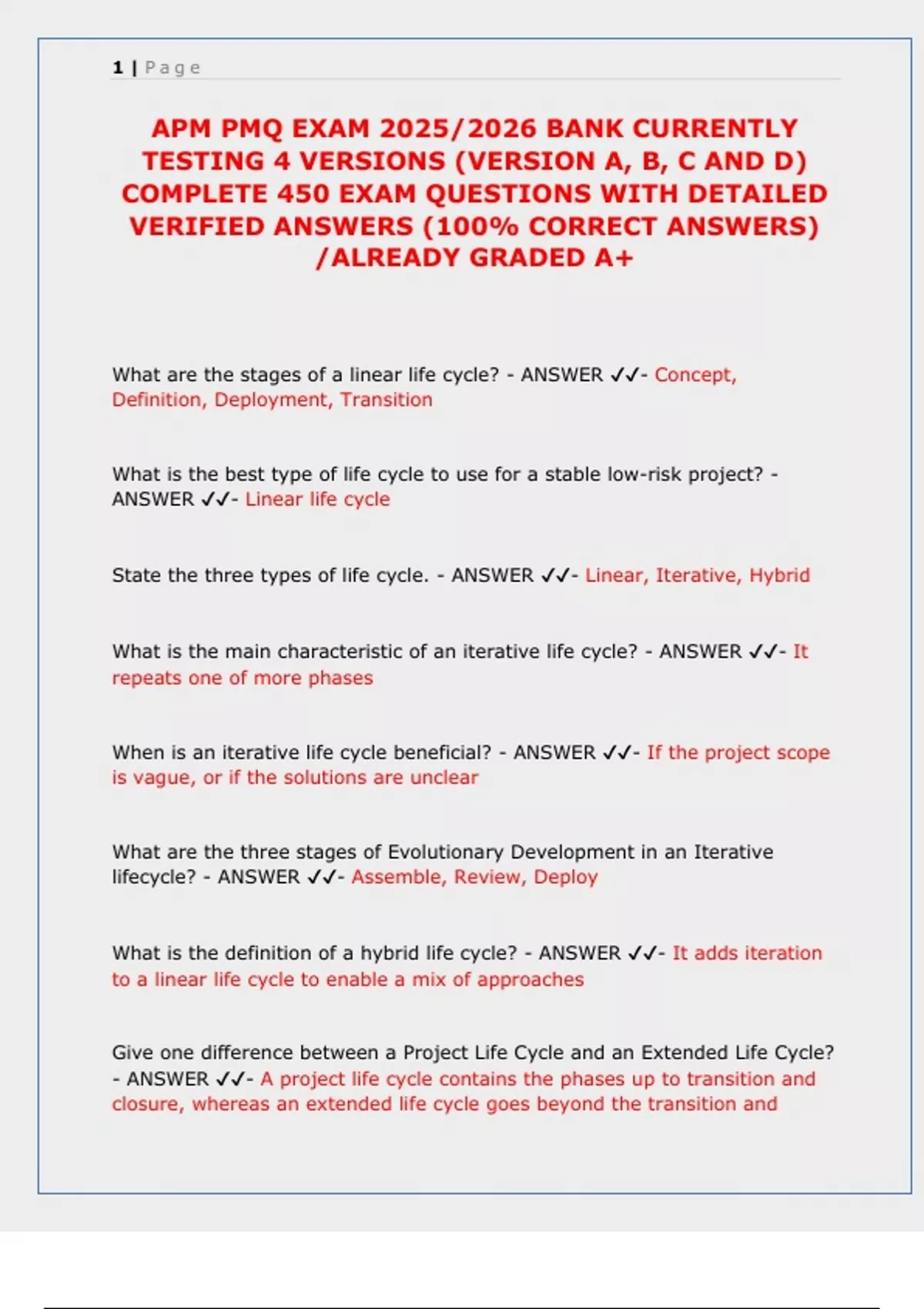 APM PMQ EXAM 2025/2026 BANK CURRENTLY TESTING 4 VERSIONS (VERSION A, B ...