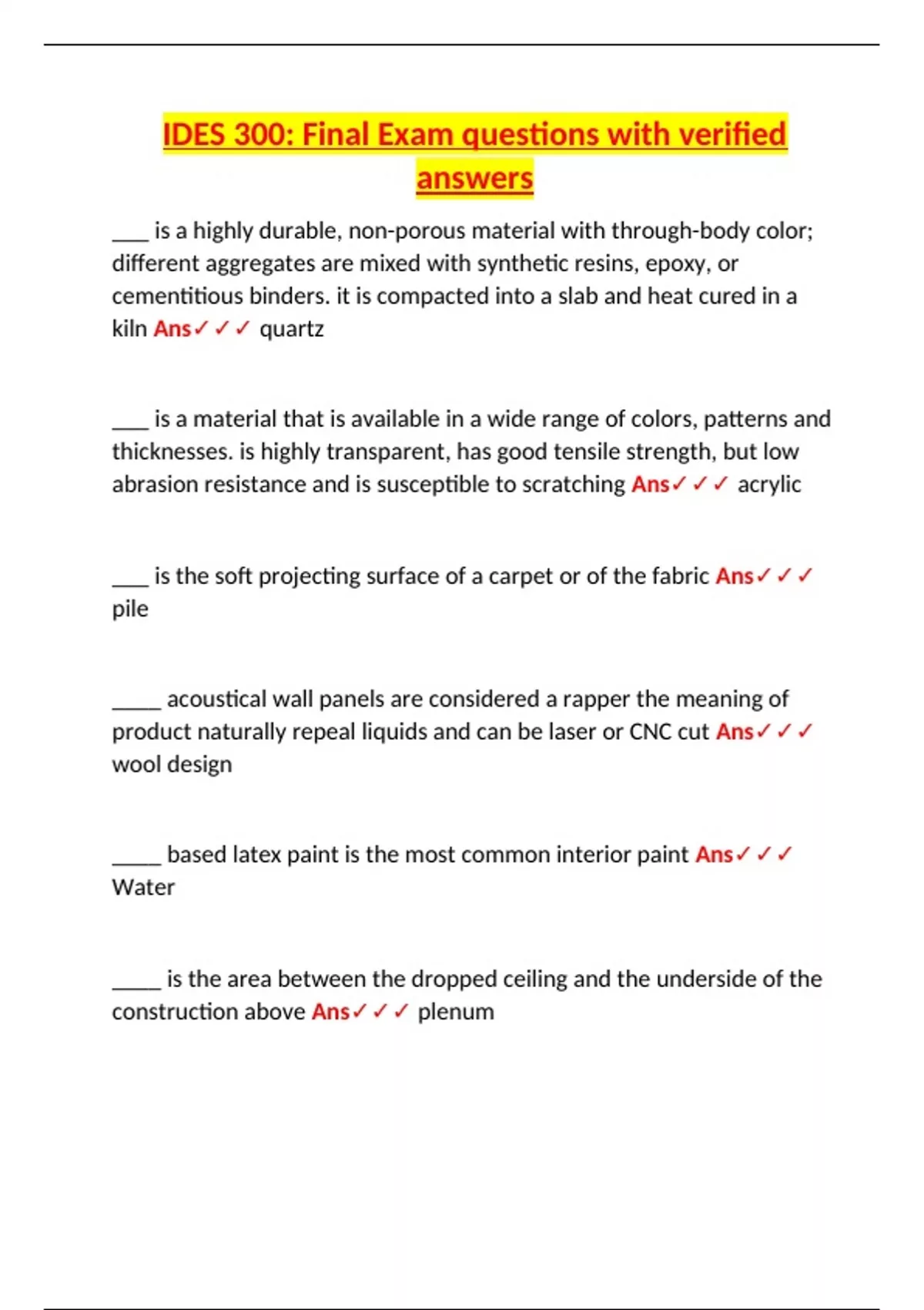 IDES 300 – Interior Design Materials and Applications – Final Exam ...