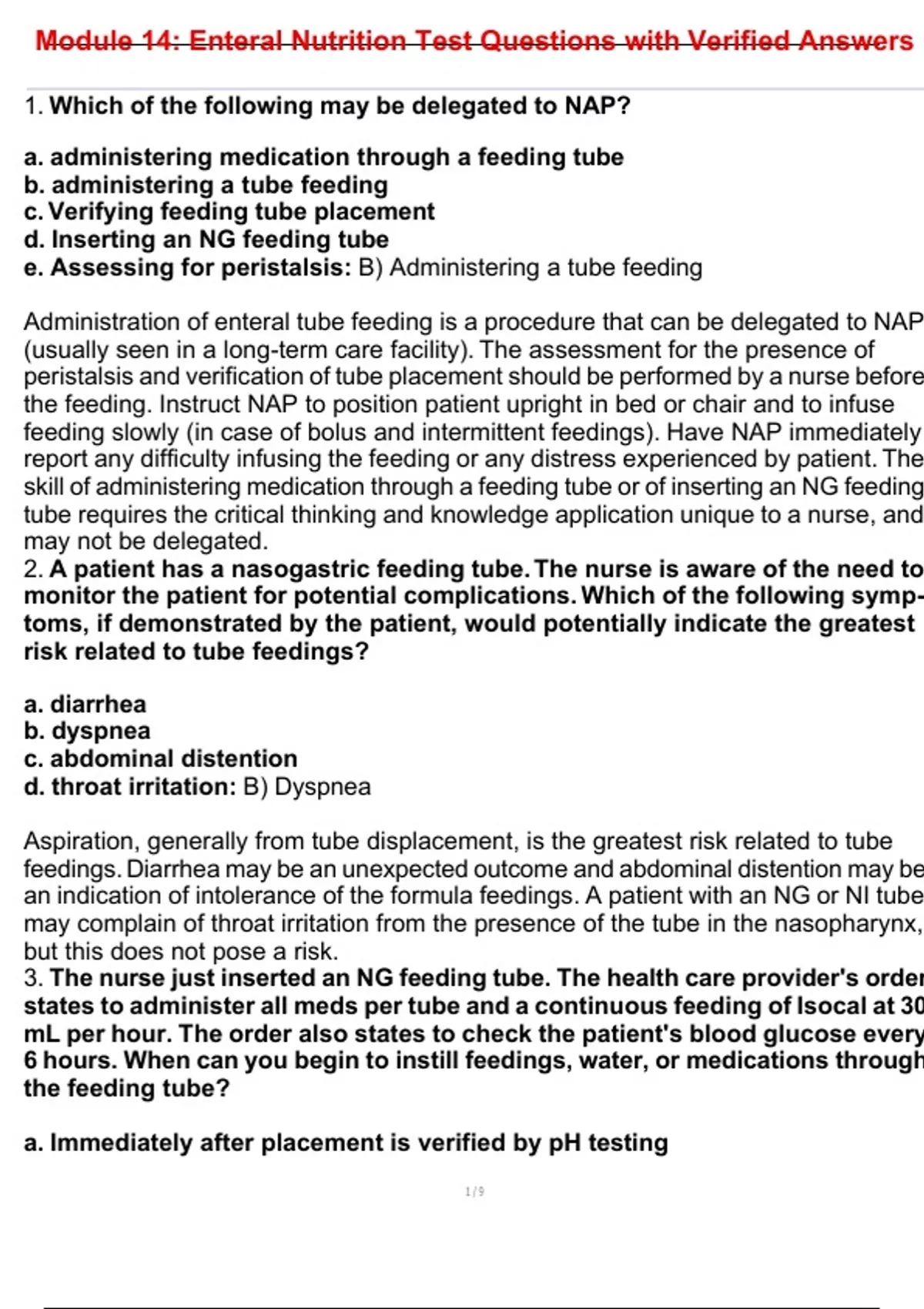Module 14: Enteral Nutrition Test Questions with Verified Answers ...