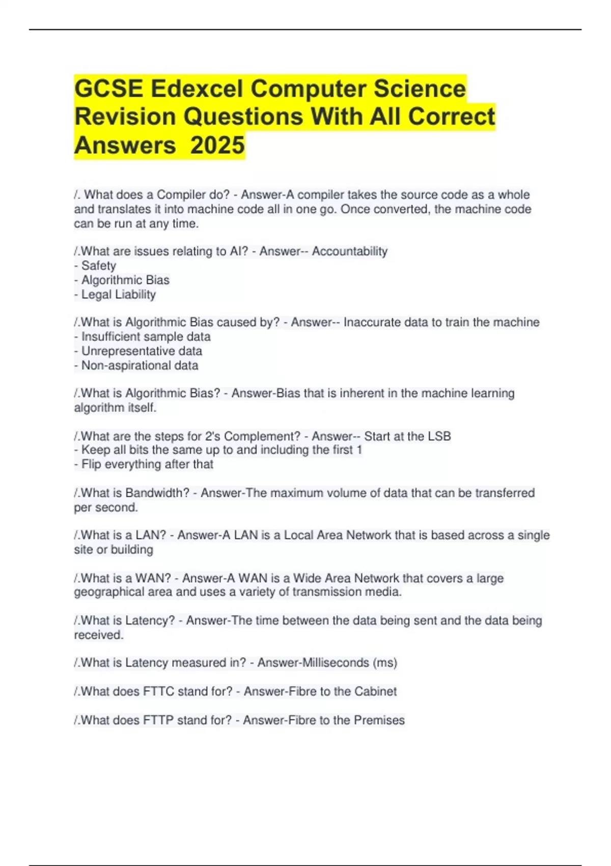 GCSE Edexcel Computer Science Revision Questions With All Correct Answers 2025 - GCSE Edexcel ...