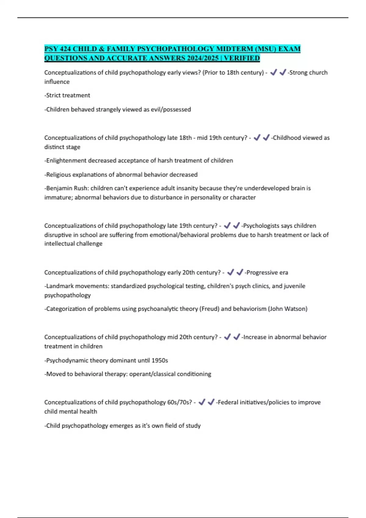 PSY 424 CHILD & FAMILY PSYCHOPATHOLOGY EXAM 2025. | Revision Questions ...