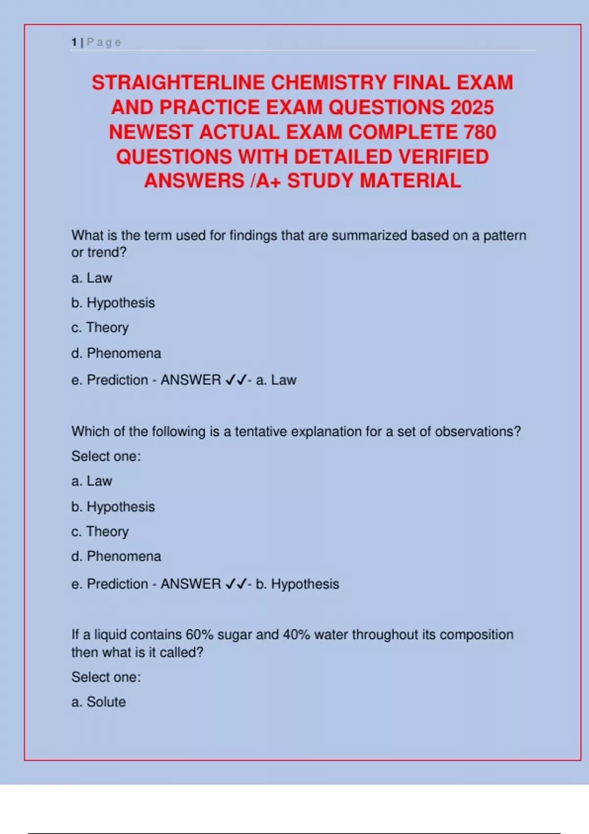 STRAIGHTERLINE CHEMISTRY FINAL EXAM AND PRACTICE EXAM QUESTIONS 2025 NEWEST ACTUAL EXAM COMPLETE ...