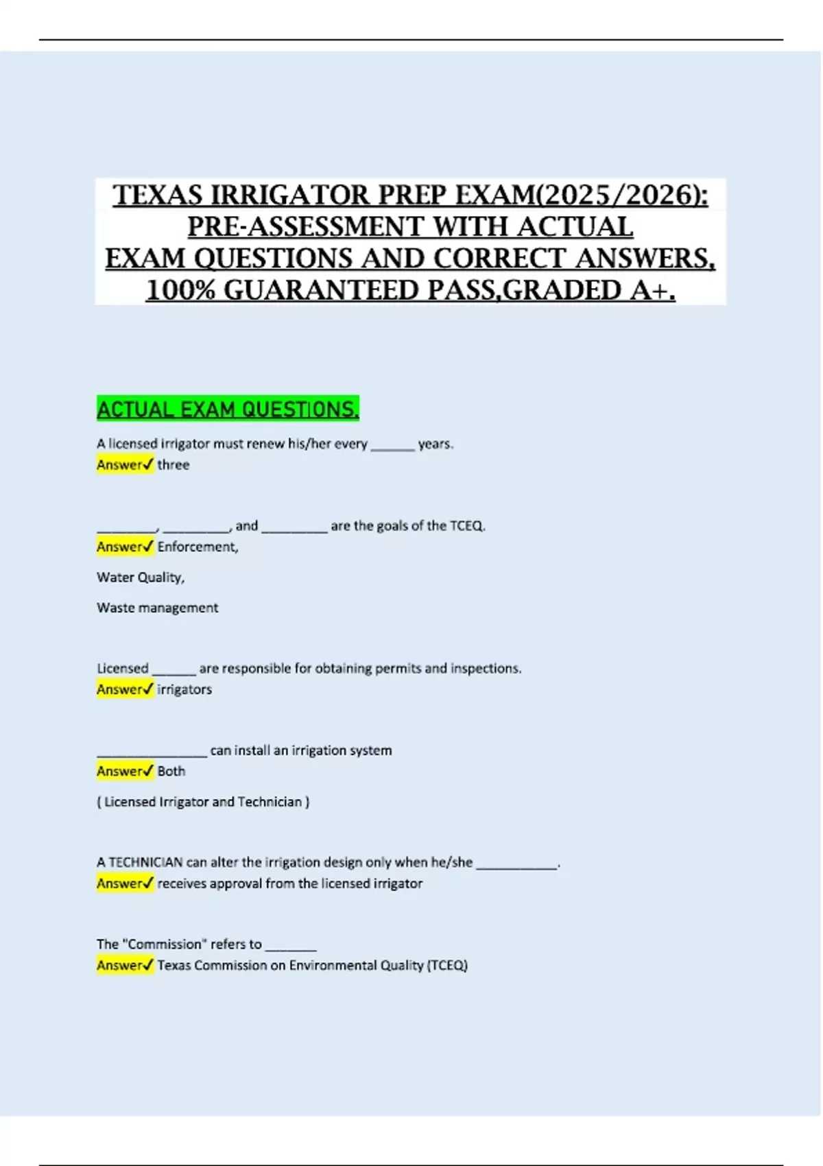 Texas Irrigation STUDY BUNDLE PACK SOLUTION 2025 Detailed Questions and ...