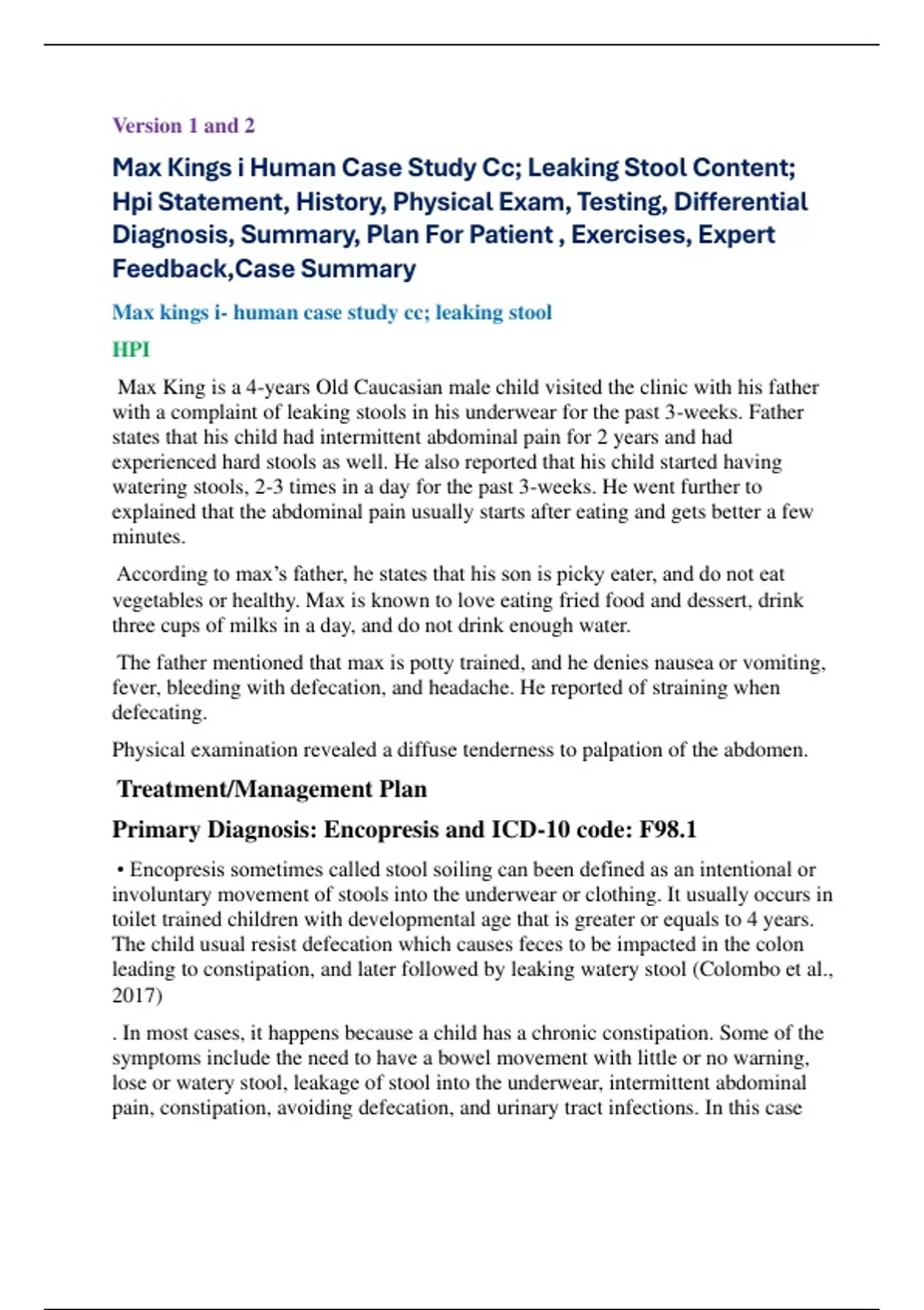 Max Kings i Human Case Study Cc; Leaking Stool Content; Hpi Statement ...