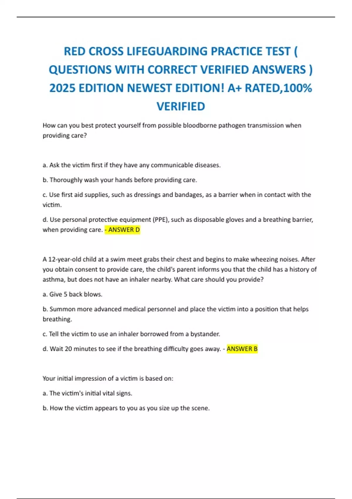 RED CROSS LIFEGUARDING PRACTICE TEST ( QUESTIONS WITH CORRECT VERIFIED ...