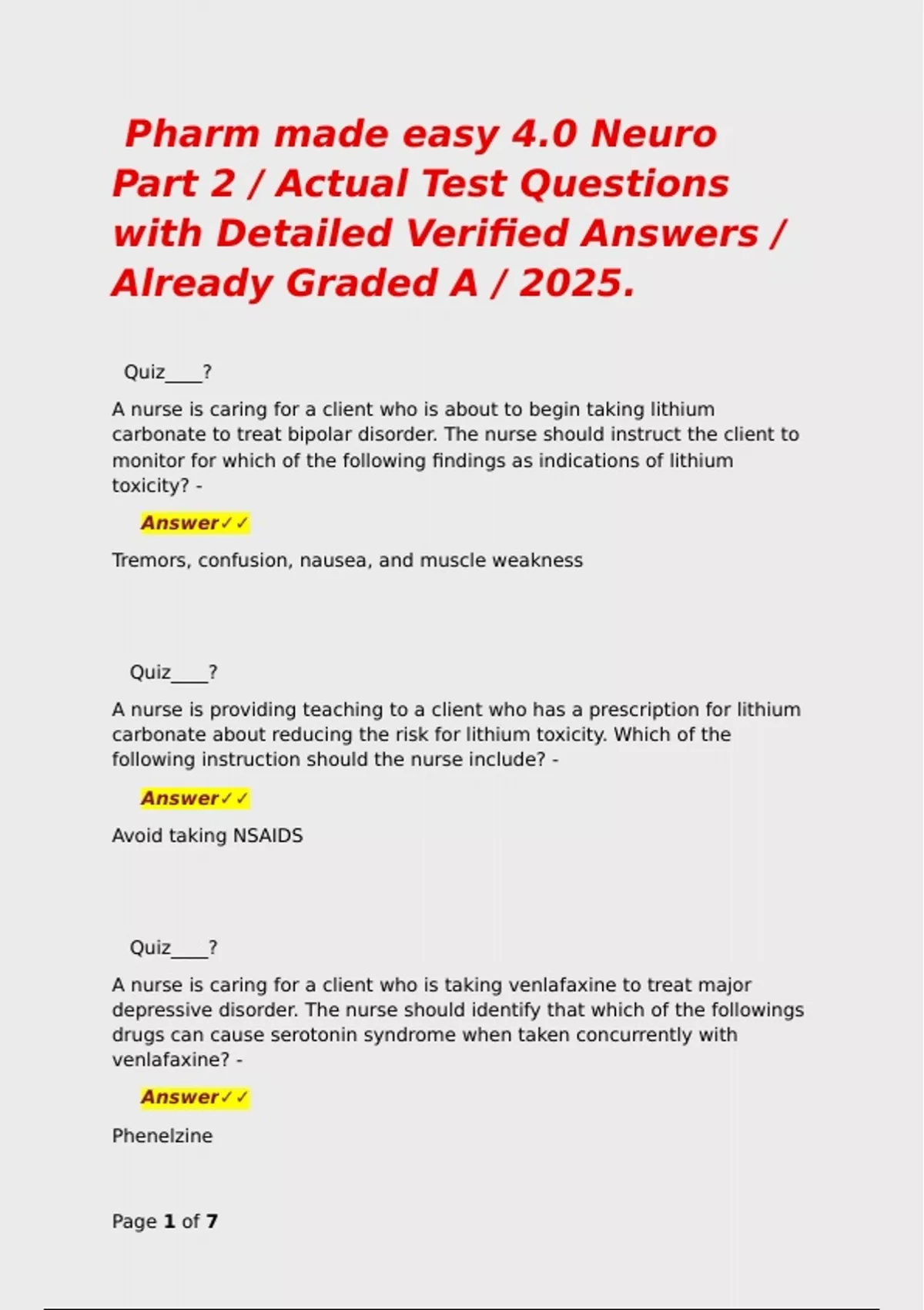 Pharm made easy 4.0 Neuro Part 2 / Actual Test Questions with Detailed ...