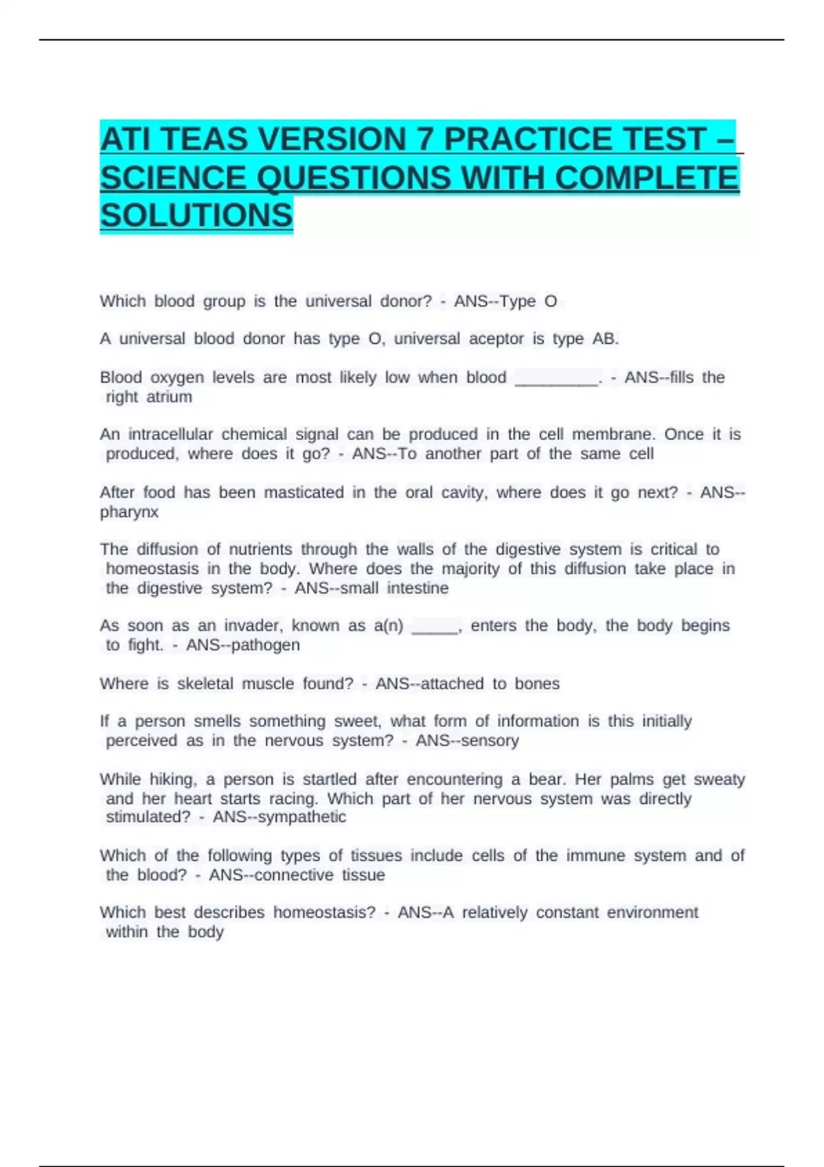 ATI TEAS VERSION 7 PRACTICE TEST – SCIENCE QUESTIONS WITH COMPLETE ...