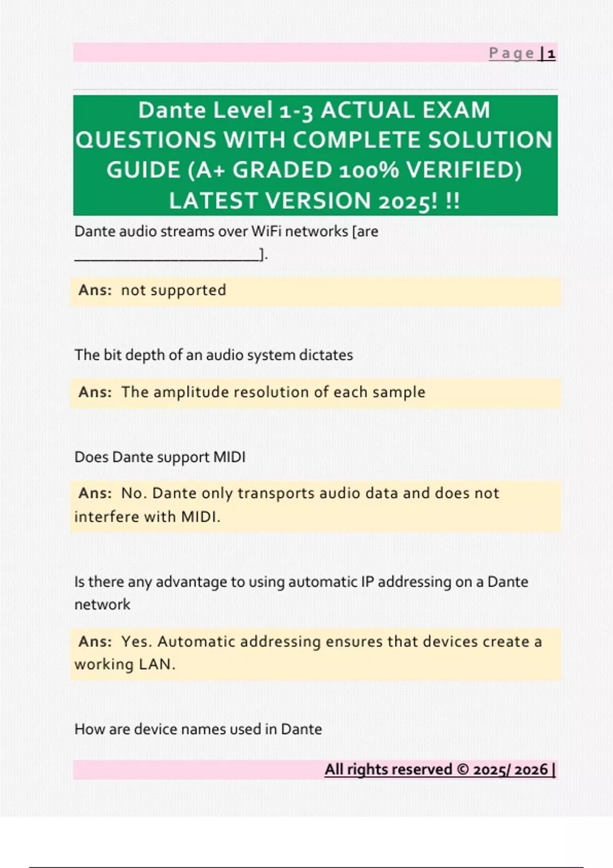 Dante Level 1-3 ACTUAL EXAM QUESTIONS WITH COMPLETE SOLUTION GUIDE (A+ ...