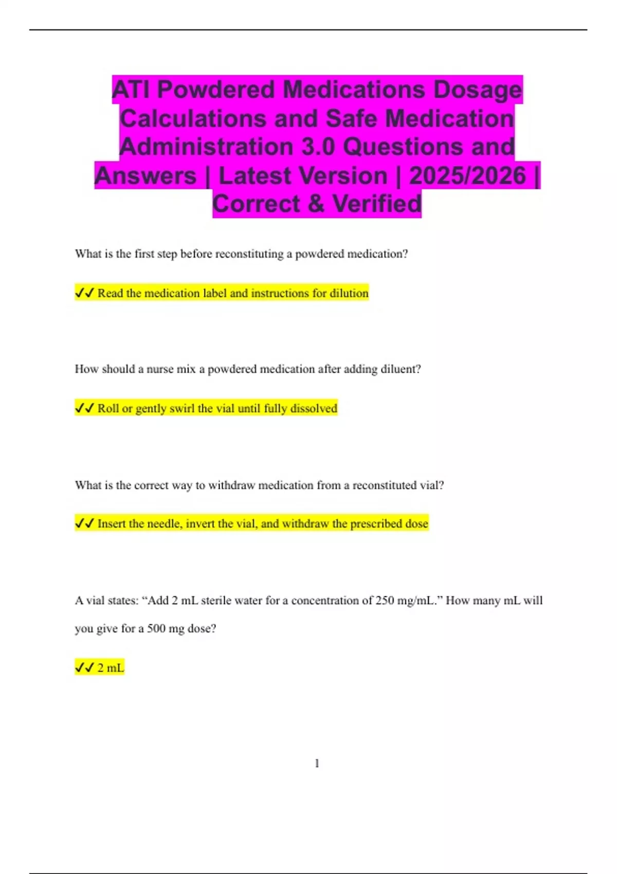 ATI Powdered Medications Dosage Calculations and Safe Medication ...
