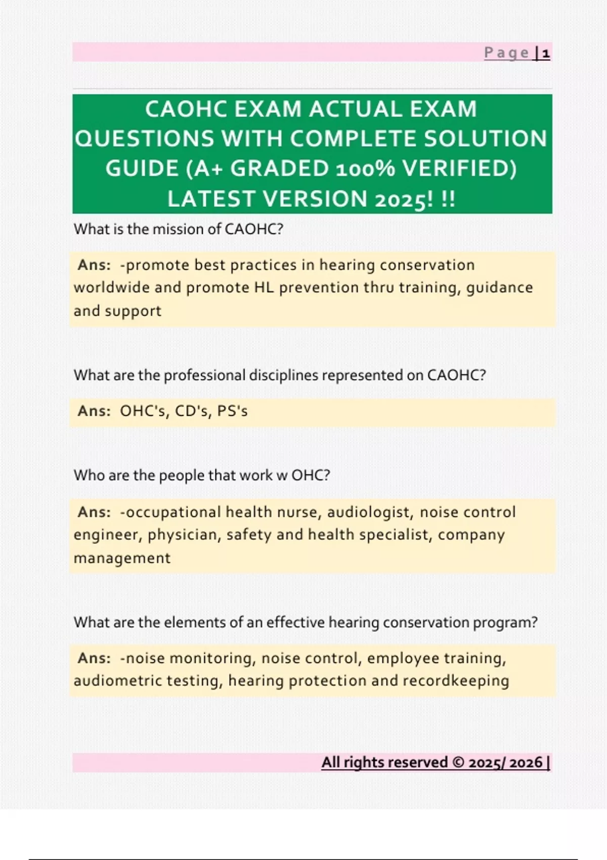 CAOHC EXAM ACTUAL EXAM QUESTIONS WITH COMPLETE SOLUTION GUIDE (A+ ...