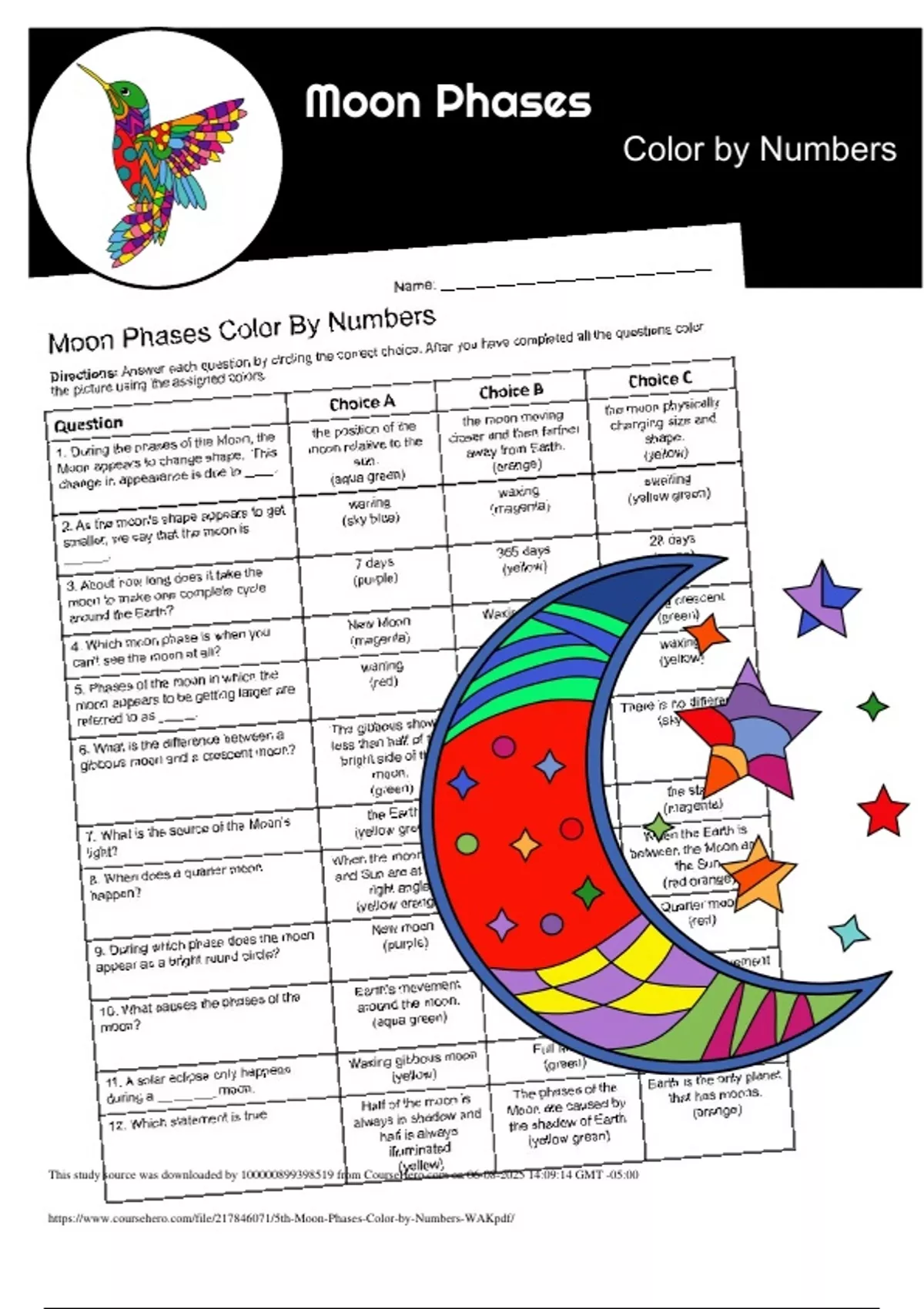 APPROVED 2025 Moon Phases Color by Numbers SUMMARY QUESTIONS WITH ...