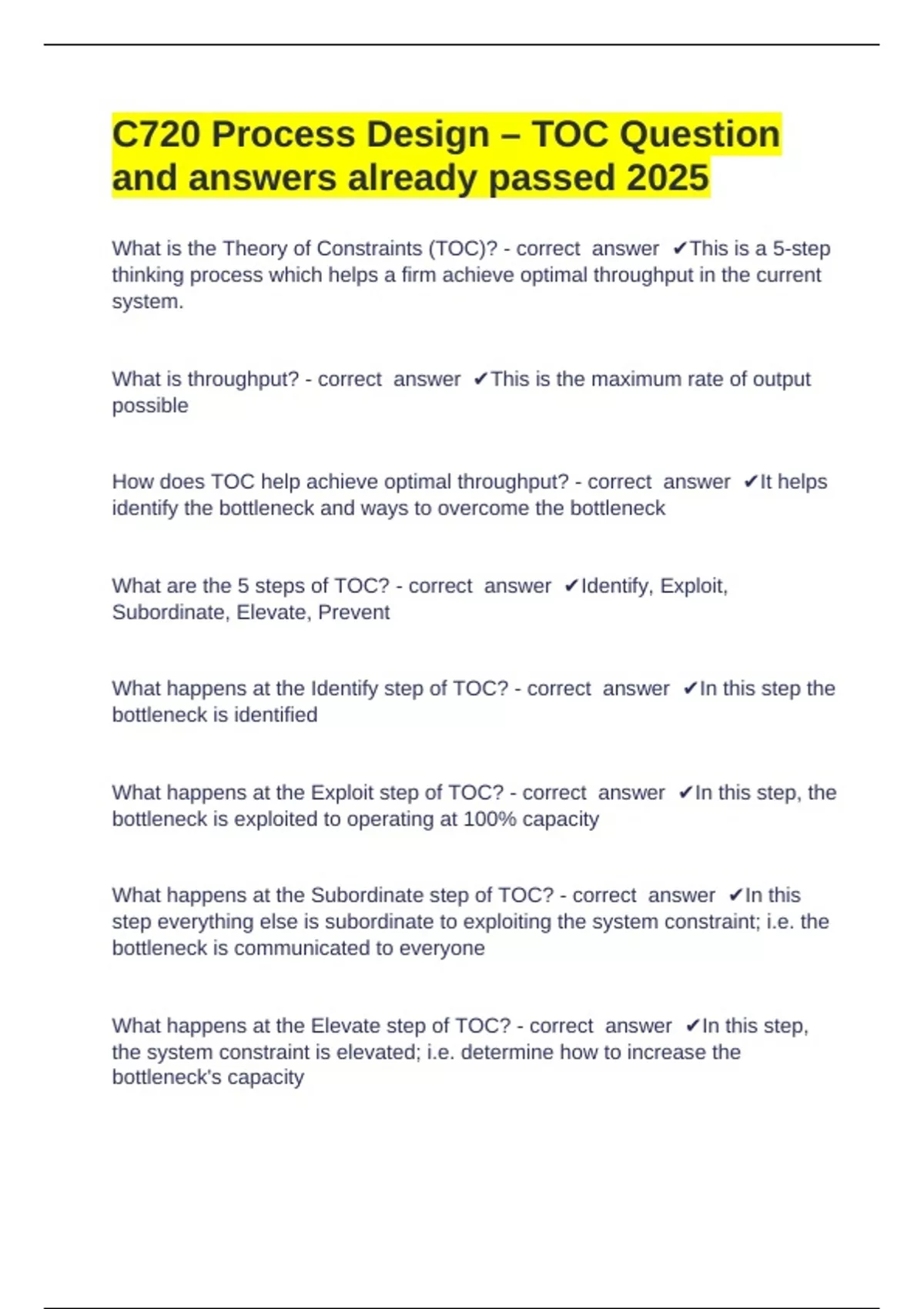 C720 Process Design – TOC Question and answers already passed 2025 - C720 Process Design – TOC ...