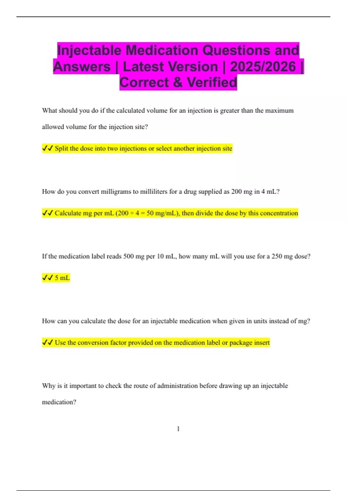 Injectable Medication Questions and Answers | Latest Version | 2025/ ...