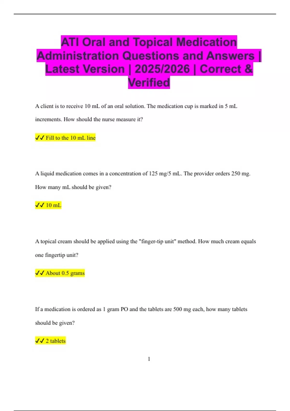 ATI Oral and Topical Medication Administration Questions and Answers ...