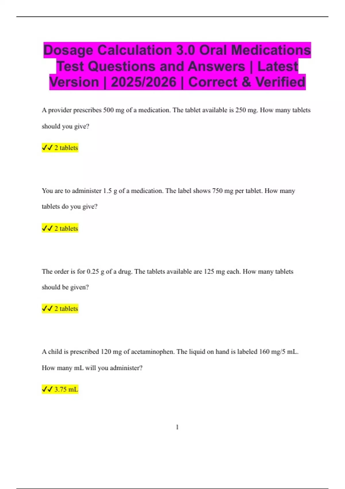 Dosage Calculation 3.0 Oral Medications Test Questions and Answers ...