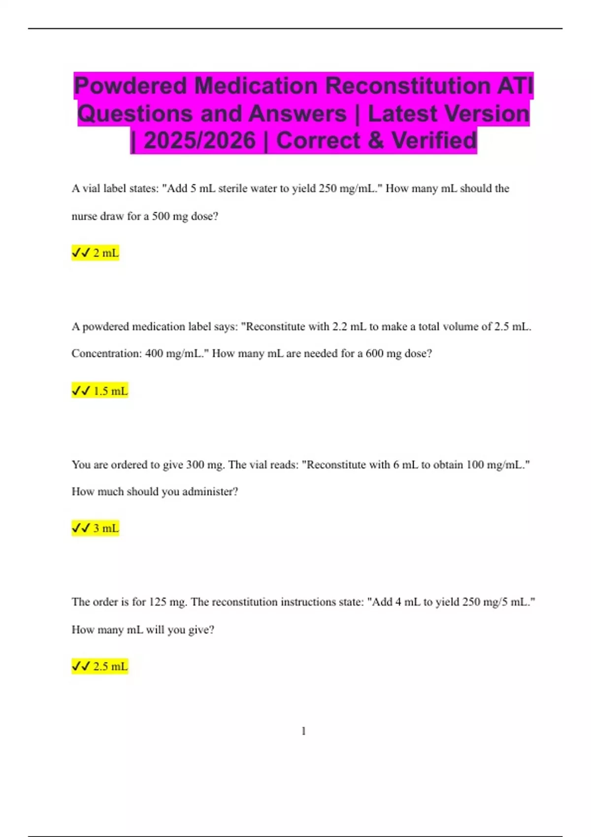 Powdered Medication Reconstitution ATI Questions and Answers | Latest ...