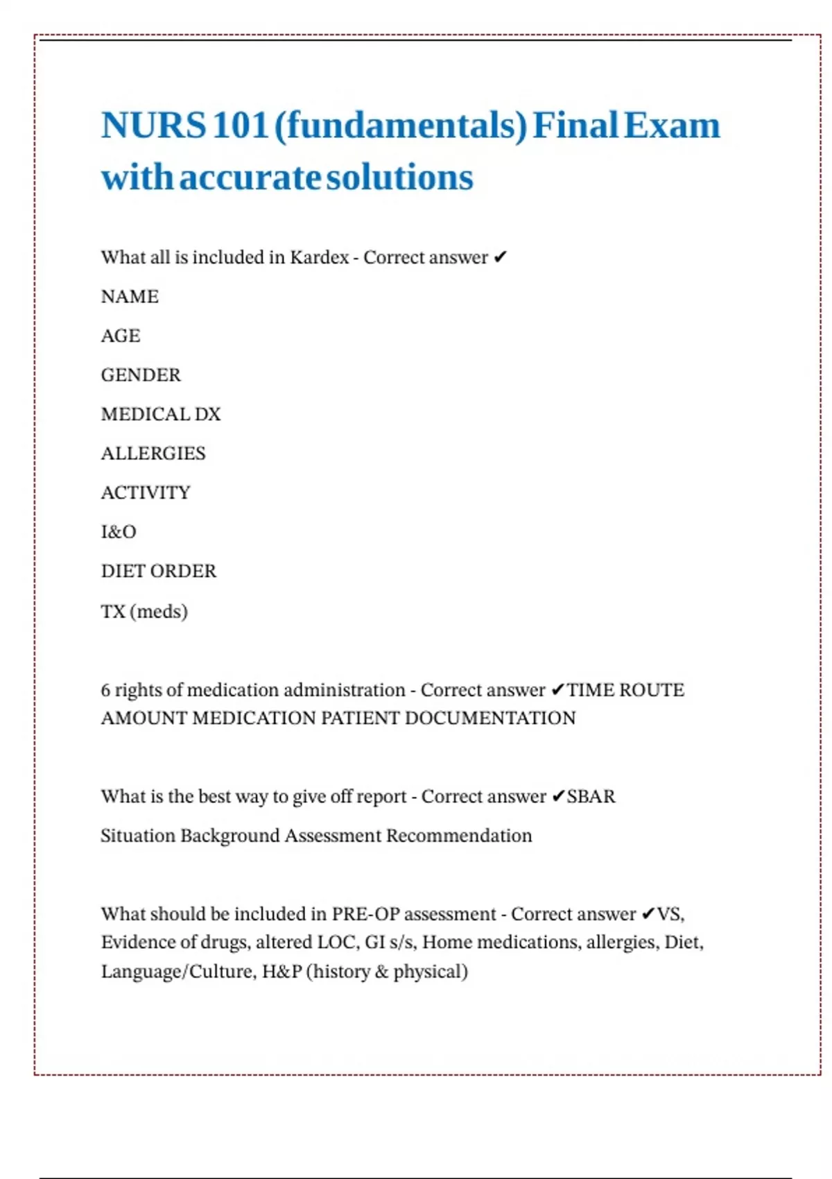 NURS 101 (fundamentals) Final Exam with accurate solutions - Nursing ...