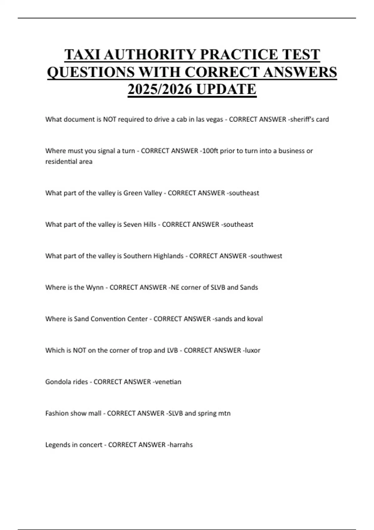 TAXI AUTHORITY PRACTICE TEST QUESTIONS WITH CORRECT ANSWERS 2025/2026 ...