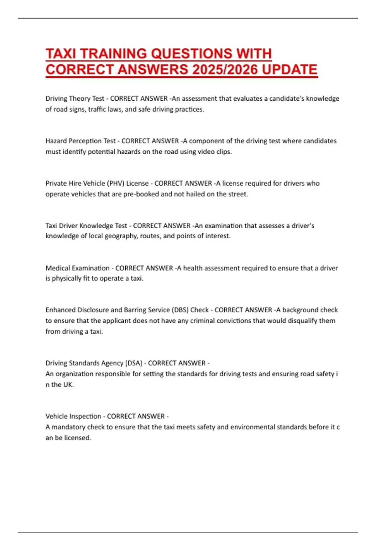TAXI TRAINING QUESTIONS WITH CORRECT ANSWERS 2025/2026 UPDATE - Taxi Authority - Stuvia US