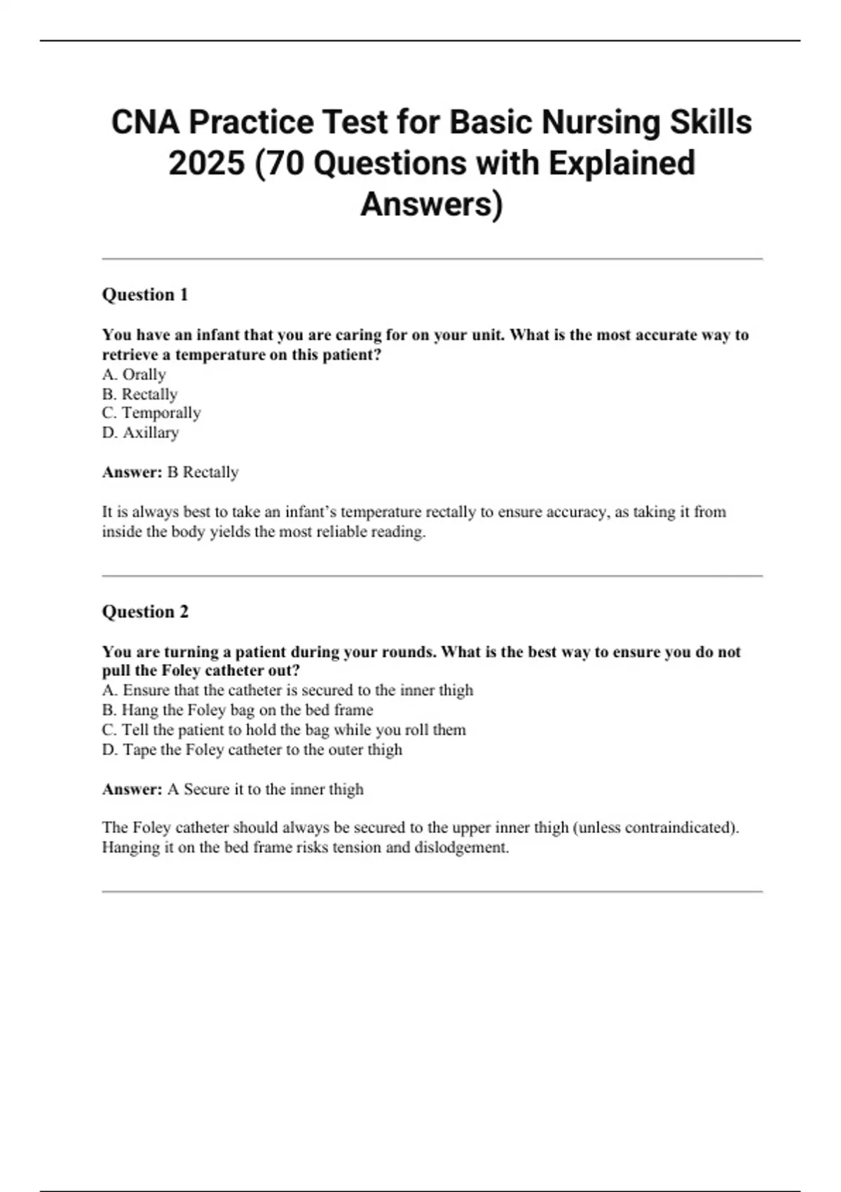 CNA Practice Test for Basic Nursing Skills 2025 (70 Questions with ...