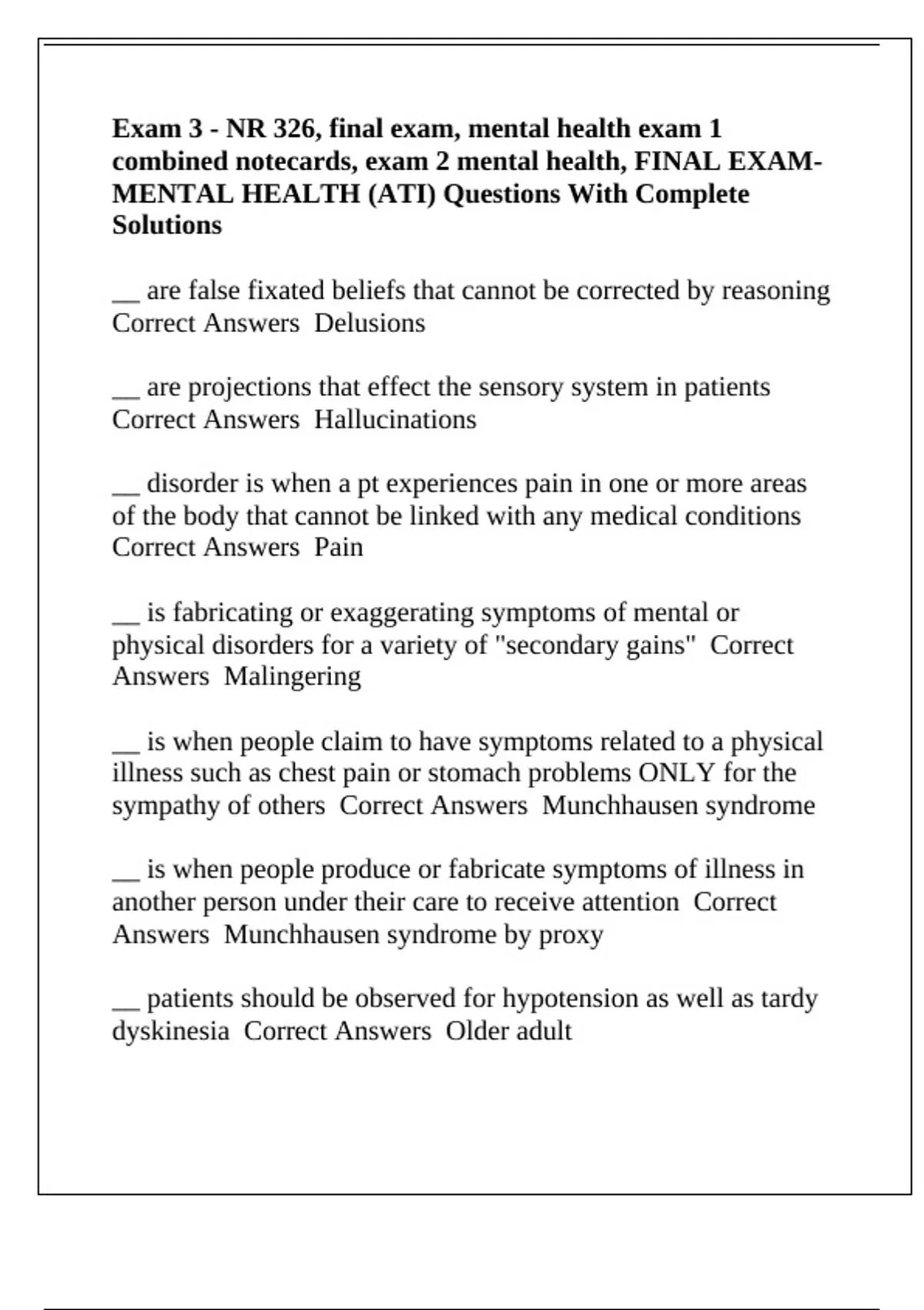 Exam 3 - NR 326, final exam, mental health exam 1 combined notecards ...