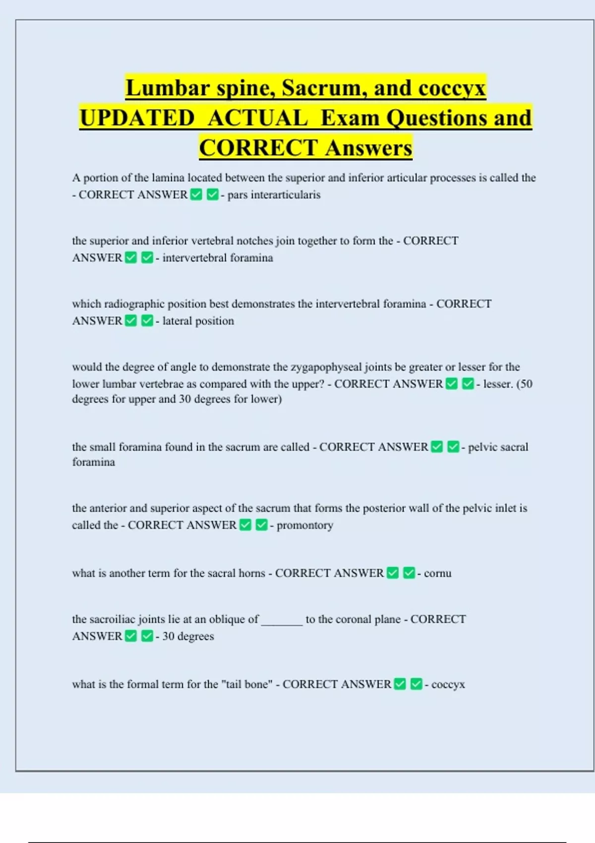 Lumbar spine, Sacrum, and coccyx UPDATED ACTUAL Exam Questions and ...