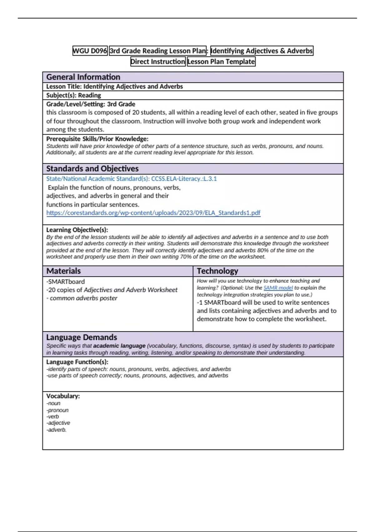 WGU D096 3rd Grade Reading Lesson Plan: Identifying Adjectives ...