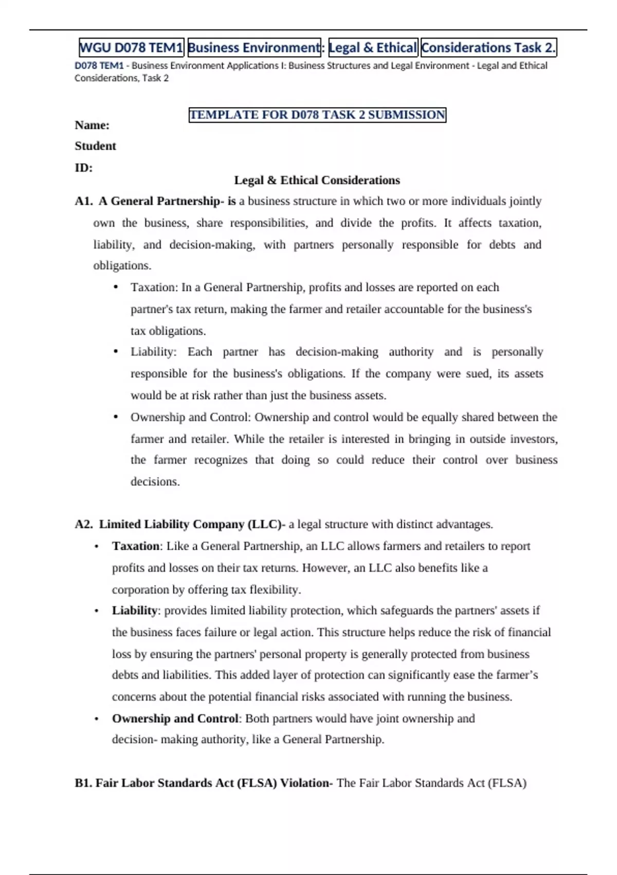 WGU D078 TEM1 Business Environment: Task 1 & Task 2 With Complete ...