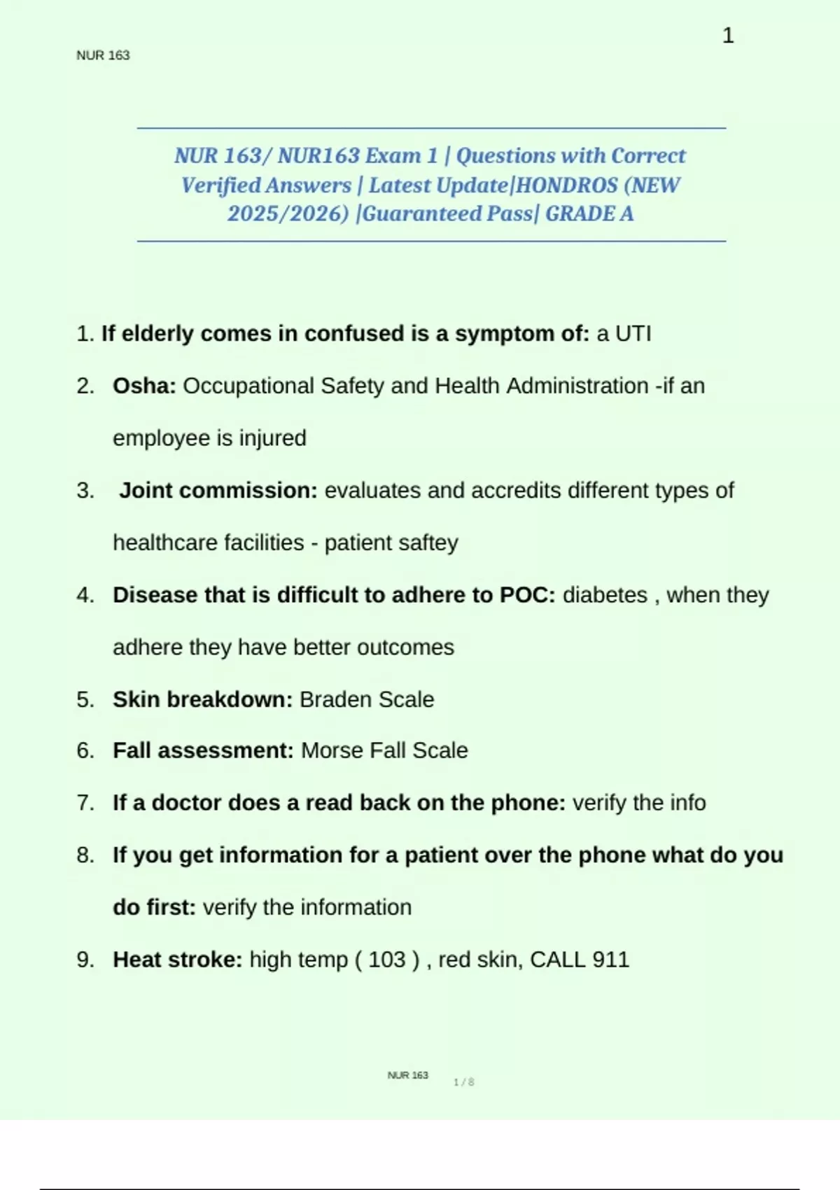 NUR 163/ NUR163 Exams 1 COMPILATIONs | Questions with Correct Answers ...