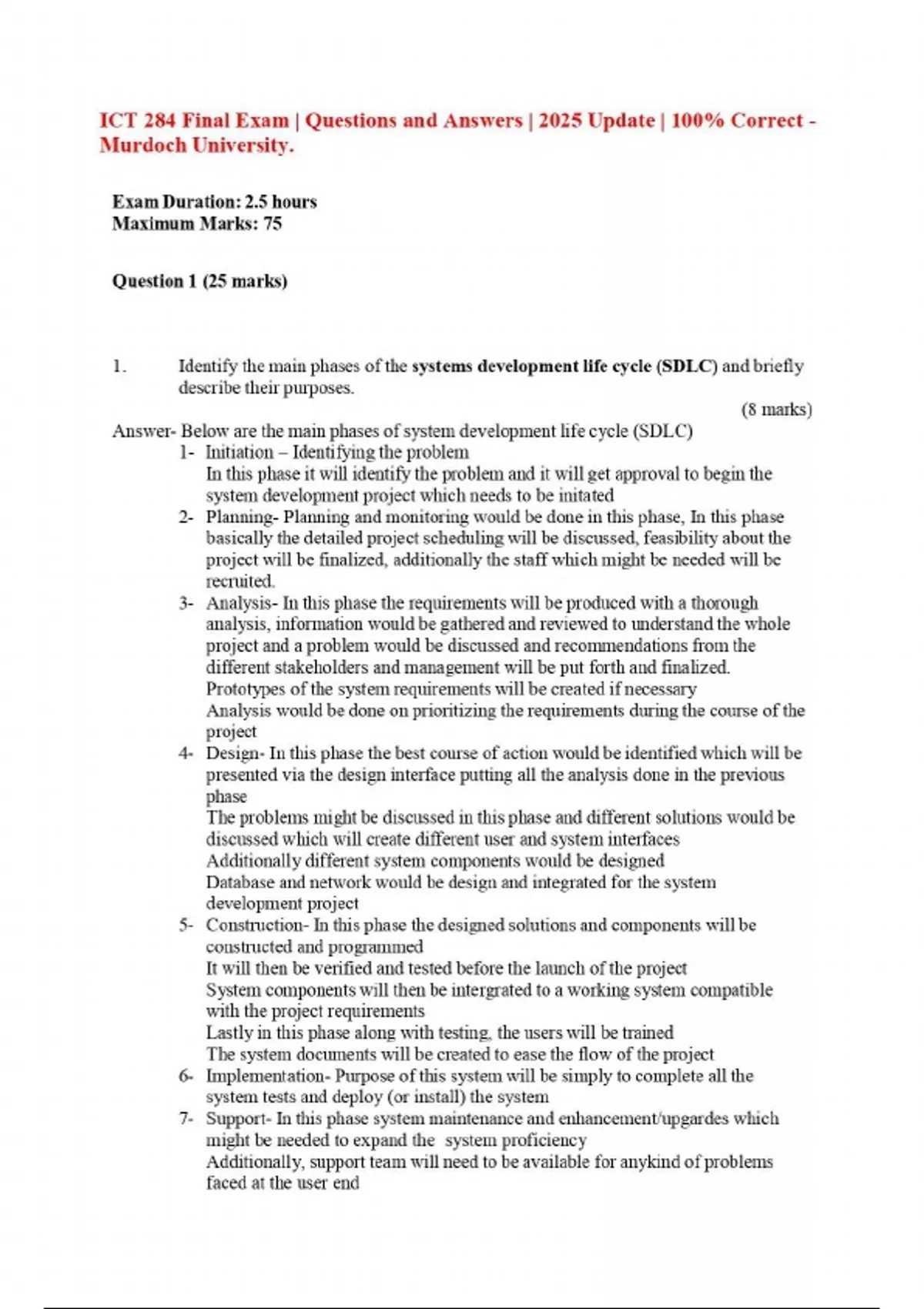 ICT 284 Final Exam | Questions and Answers | 2025 Update | 100% Correct - Murdoch University ...