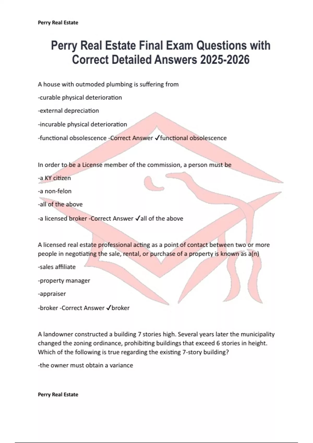 Perry Real Estate Final Exam Questions with Correct Detailed Answers ...